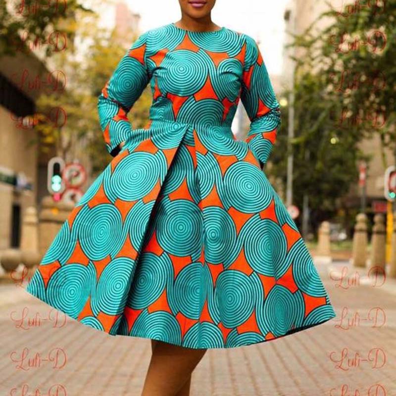 African Traditional Long Sleeve Dresses Wax Batik Print Flare Hem