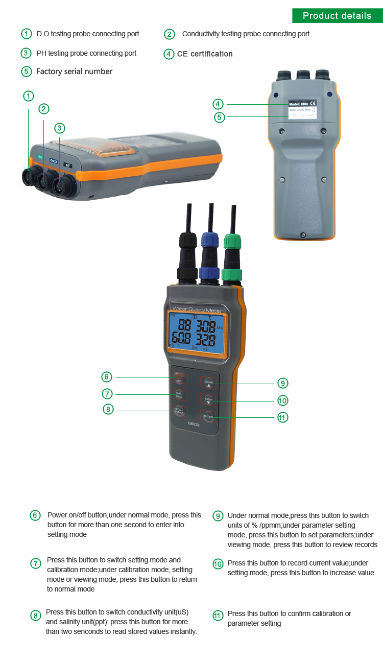 Handheld Ip67 5 In 1 Multi Water Quality Meter Digital Ph Meter