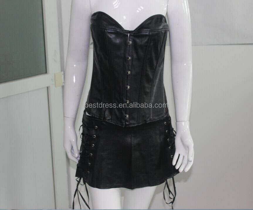 Sexy Black Faux Leather Corset And Skirt Set Basque Top Outfit Fetish Wear